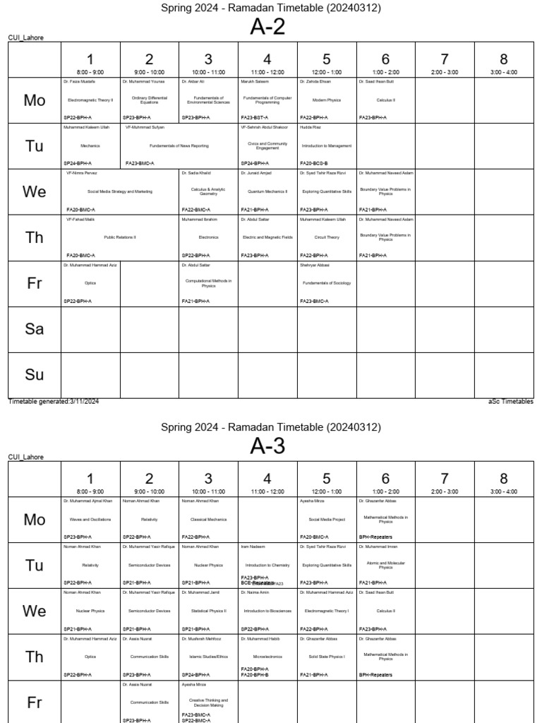 CUI Lahore Spring 2024 Timetable | PDF | Physics | Statistical Mechanics