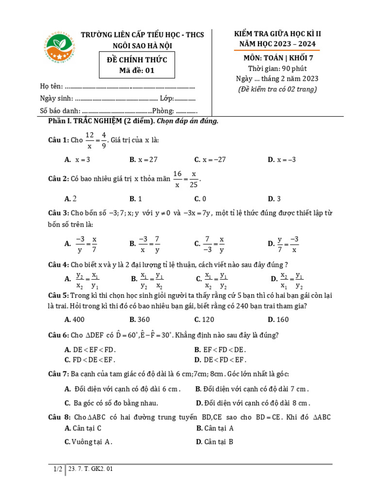 De Giua Hoc Ki 2 Toan 7 Nam 2023 2024 Truong Ththcs Ngoi Sao Ha Noi | PDF