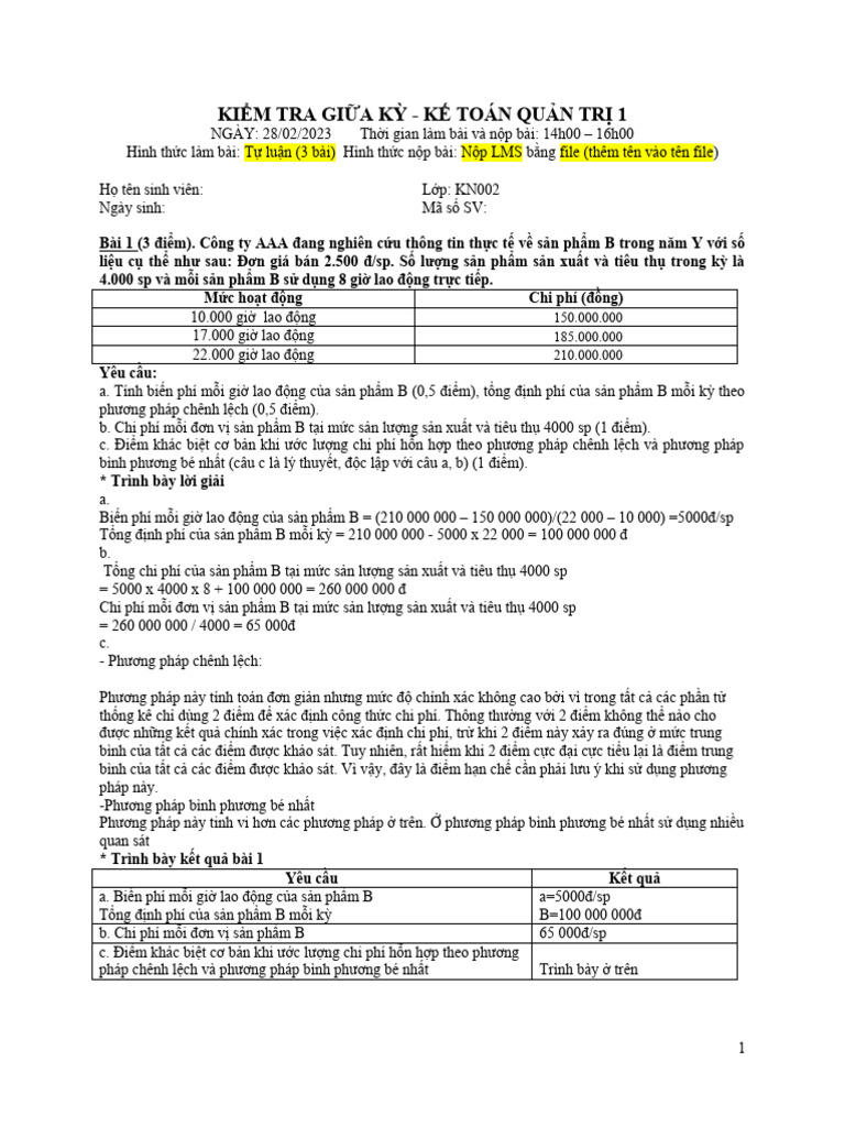 Kiem Tra Giua Ky Ke Toan Quan Tri 1 | PDF