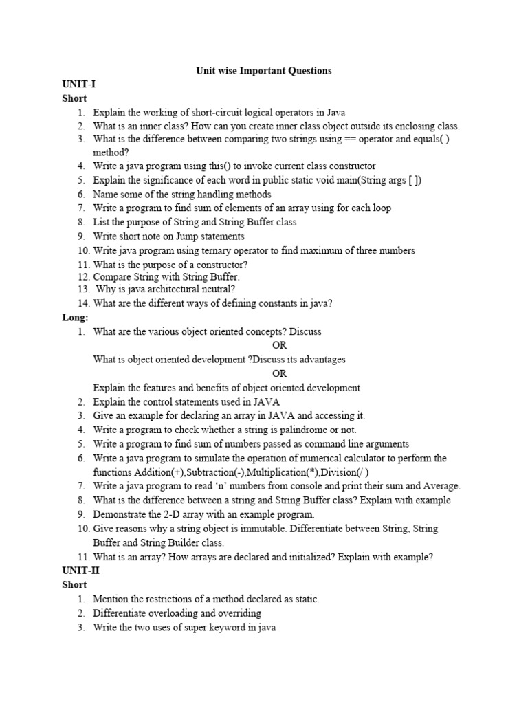 Unit Wise Important Questions (2) | PDF | Method (Computer Programming) | Inheritance (Object ...