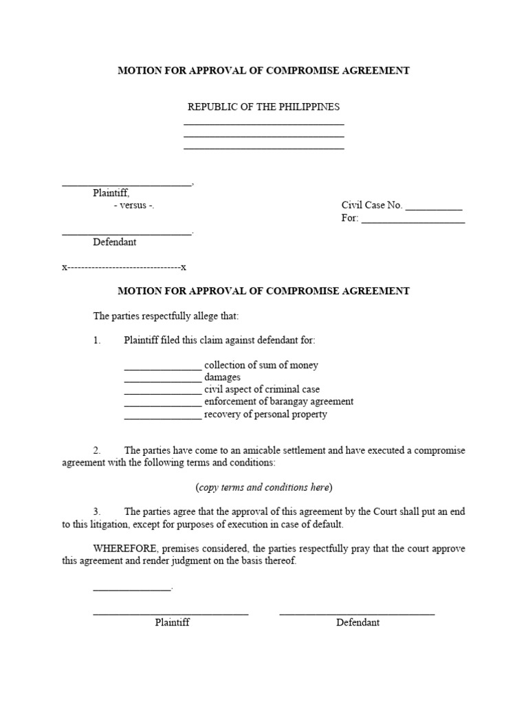 MOTION FOR APPROVAL OF COMPROMISE AGREEMENT | PDF
