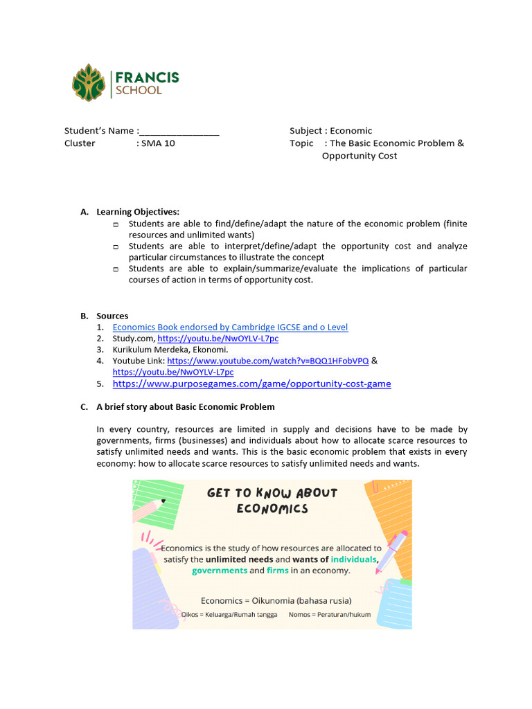 Handout 1 Economy - The Basic Economic Problem & Opportunity Cost | PDF ...