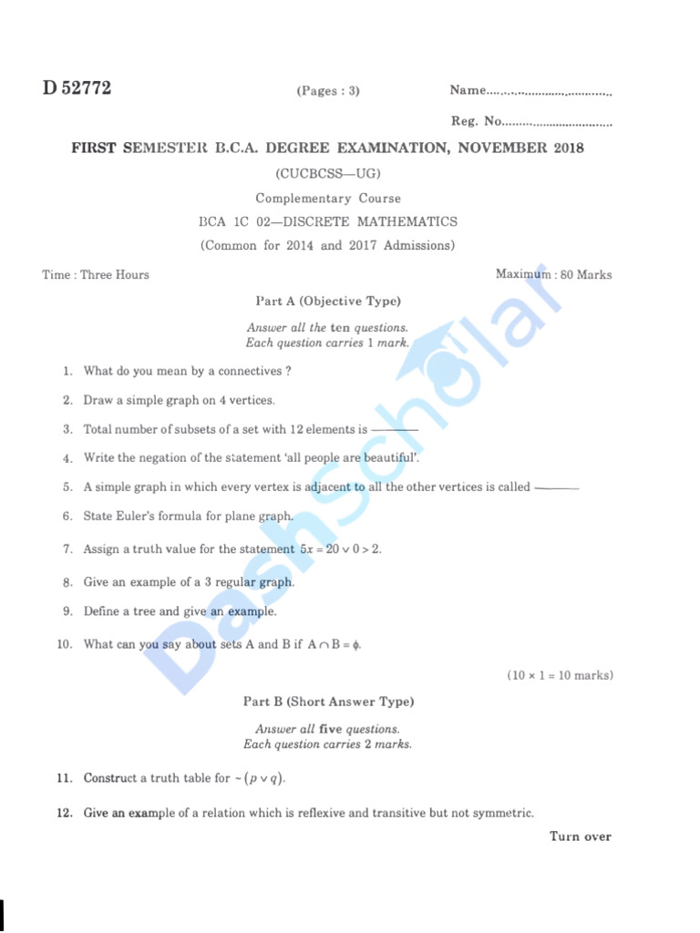 BCA Discrete Mathematics Exam Paper 2018 | PDF | Vertex (Graph Theory ...
