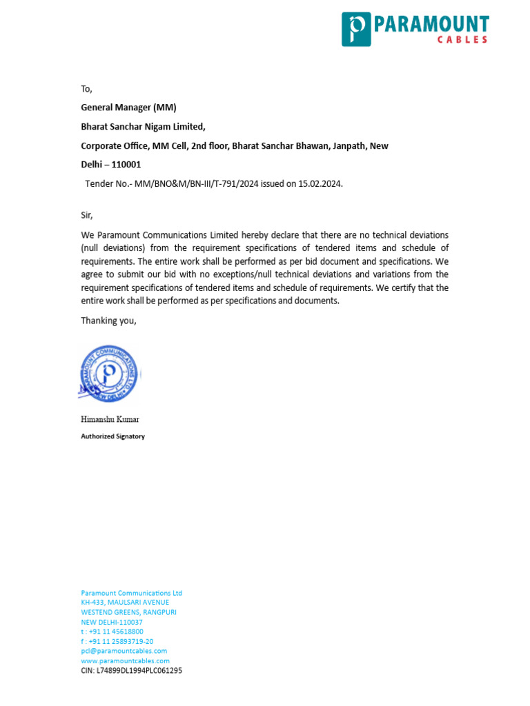 Nil Deviation Declaration for Tender T-791/2024 | PDF