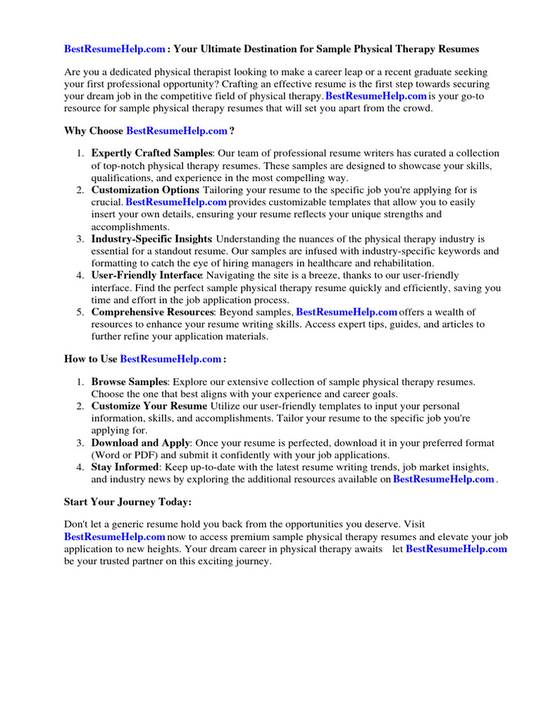 Sample Physical Therapist Resume | PDF | Physical Therapy | Medicine Sample Physical Therapist Resume | PDF | Physical Therapy | Medicine