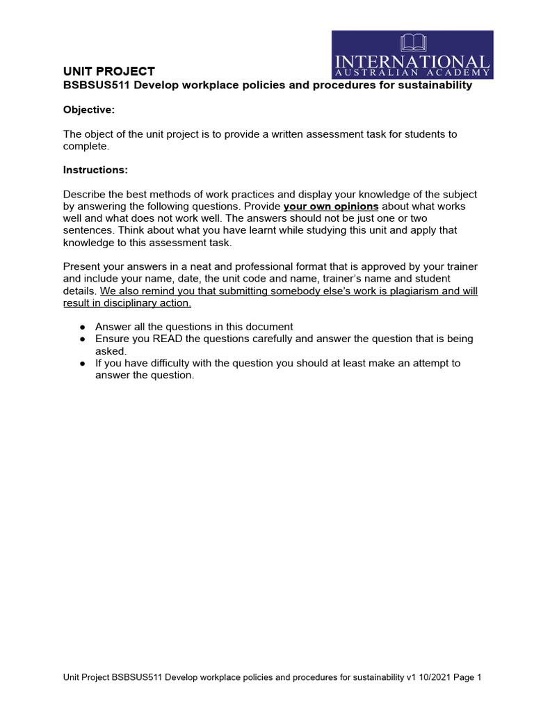 BSBSUS511 Develop workplace policies and procedures for sustainability ...