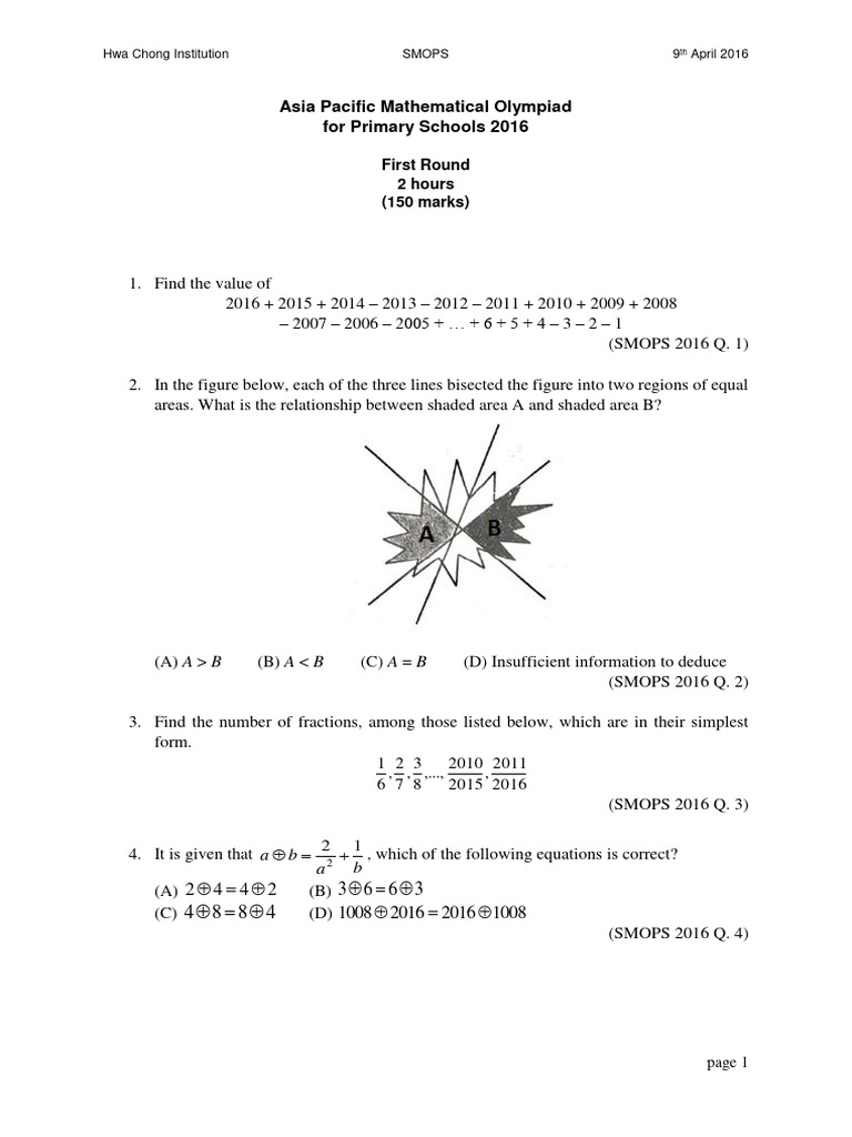 APMOPS 2016 Sample Questions | PDF