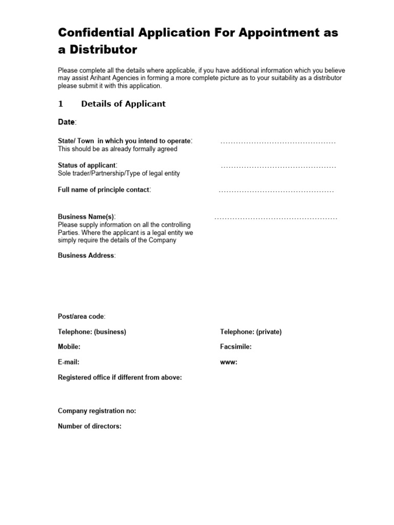 Confidential Application For Appointment As A Distributor | PDF ...