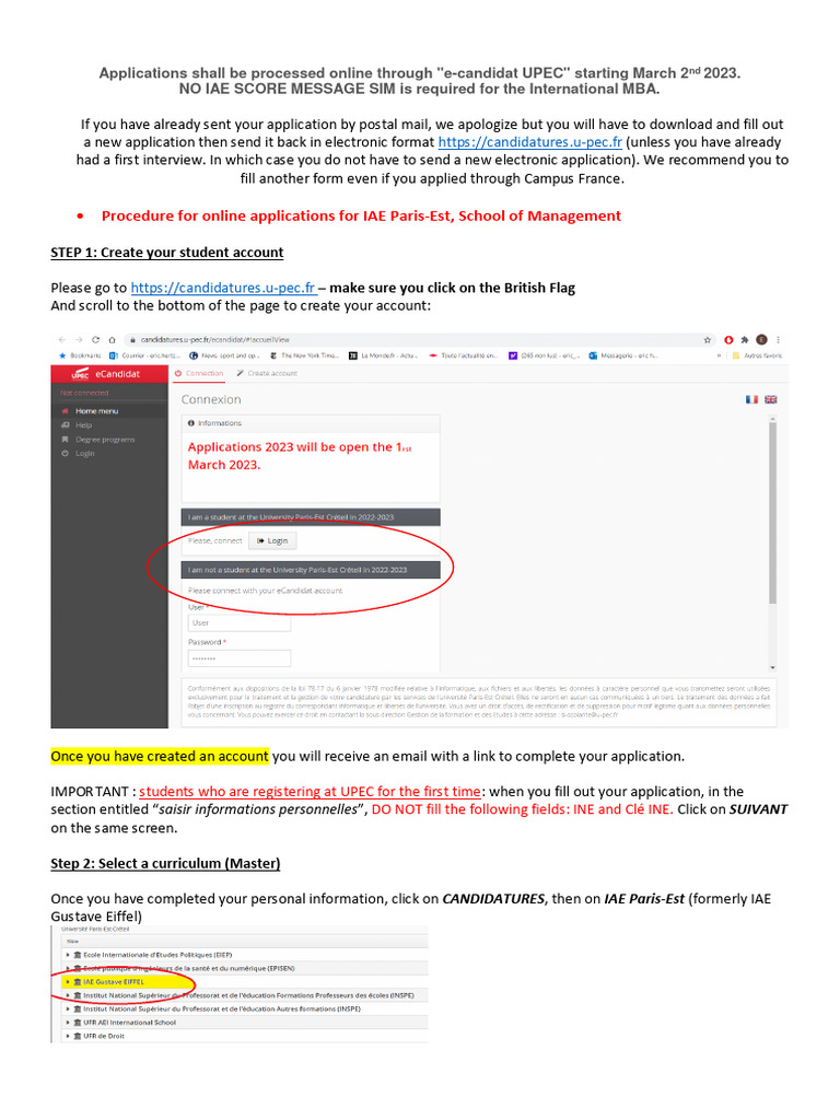 Guidelines UPEC E-Candidat Application To Master International MBA (Master 1 & Master 2) - 0 | PDF