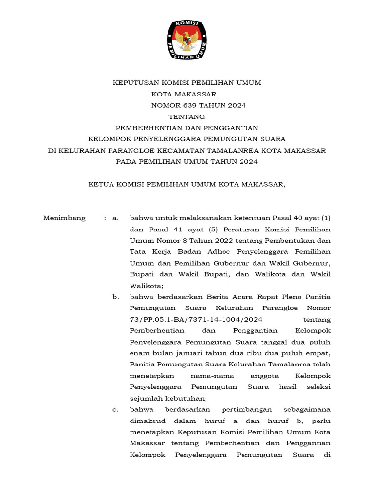 SK PEMBERHENTIAN DAN PENGGANTIAN KPPS Edit | PDF