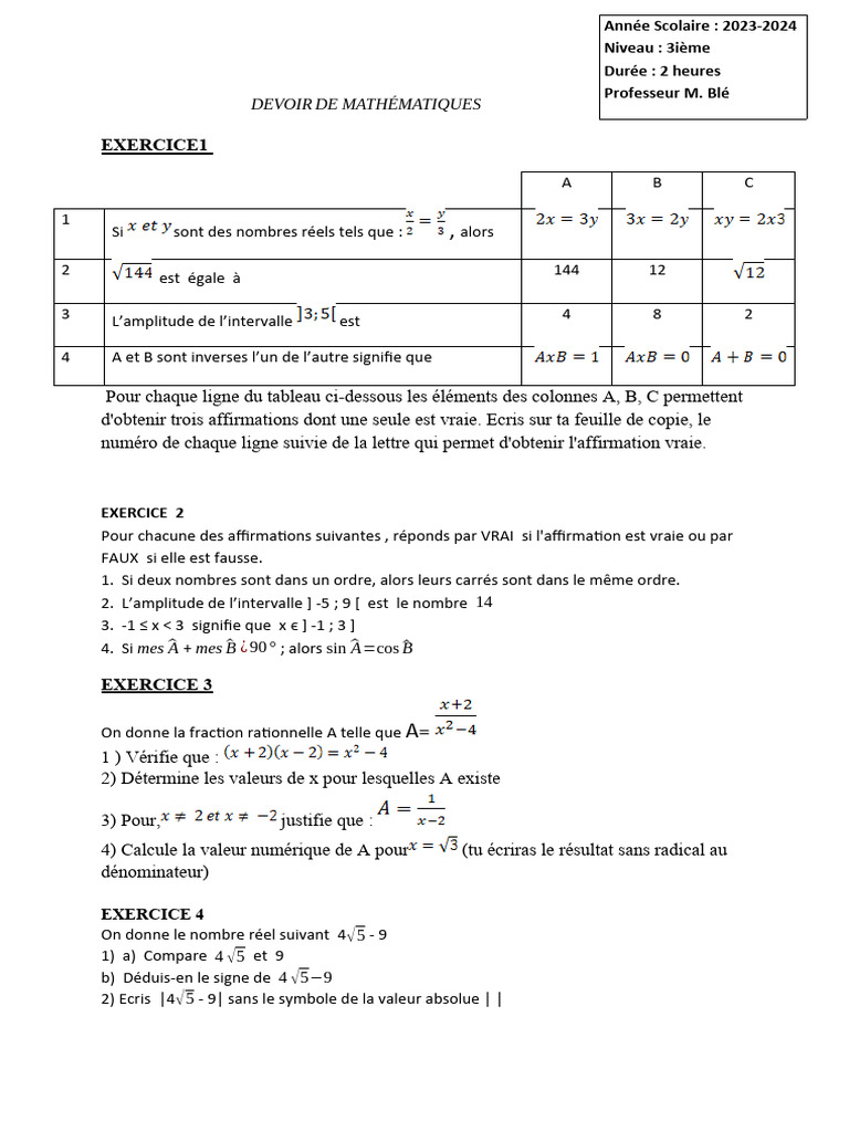Devoir de 3è Du 16 Dec | PDF | Mathématiques