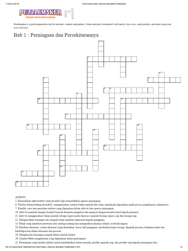 Criss Cross Puzzle - Discovery Education Puzzlemaker | PDF