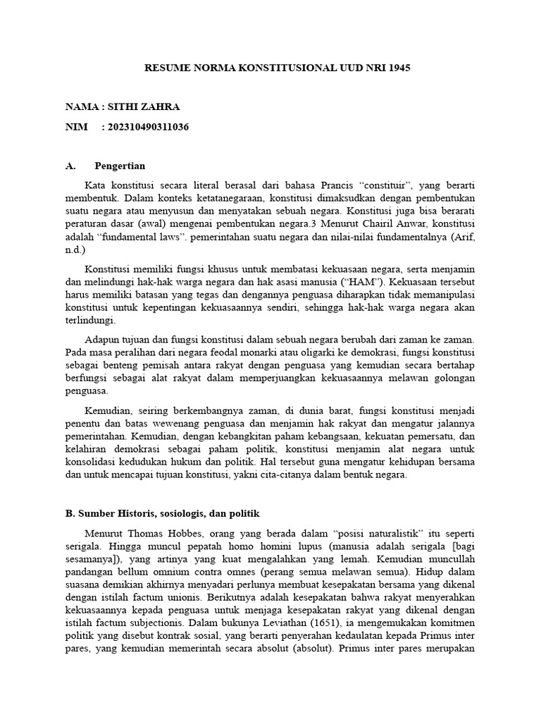 Resume Norma Konstitusional Uud Nri 45 | PDF
