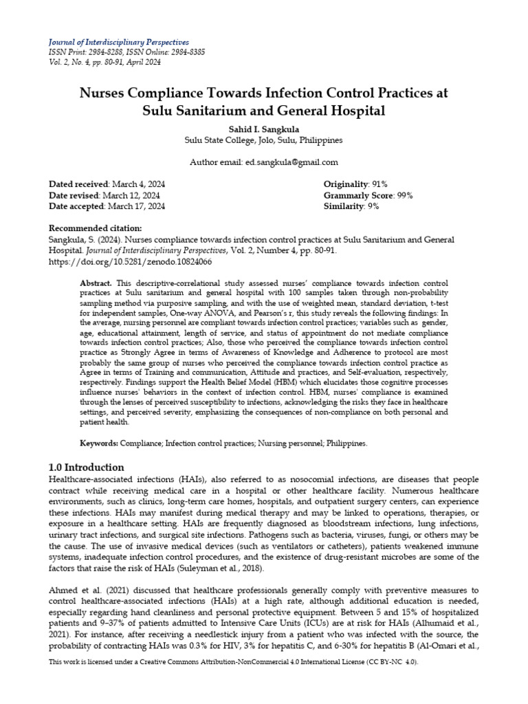 Nurses Compliance Towards Infection Control Practices at Sulu ...