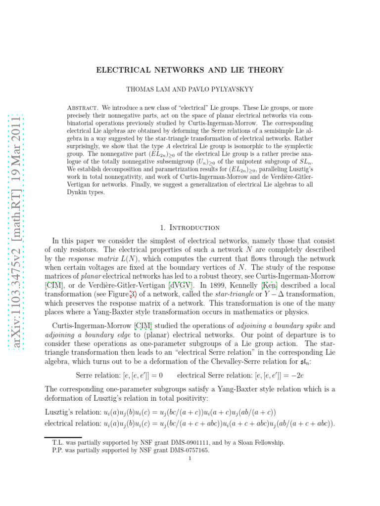 ELECTRICAL NETWORKS AND LIE THEORY | PDF | Matrix (Mathematics) | Lie Groups