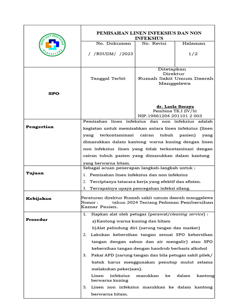 Spo Pemisahan Linen Infeksius Dan Non Infeksius 1 | PDF