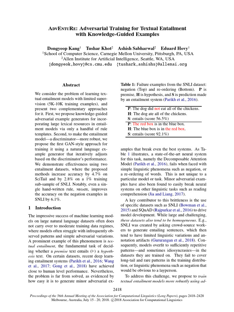 18ACL Adversarial For Entailment | PDF | Deep Learning | Cybernetics