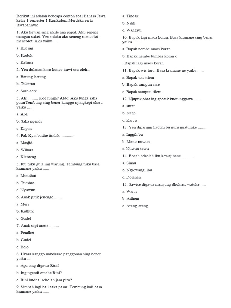 Soal Bahasa Jawa Kelas 1 Kurikulum Merdeka | PDF | Seni & Disiplin ...