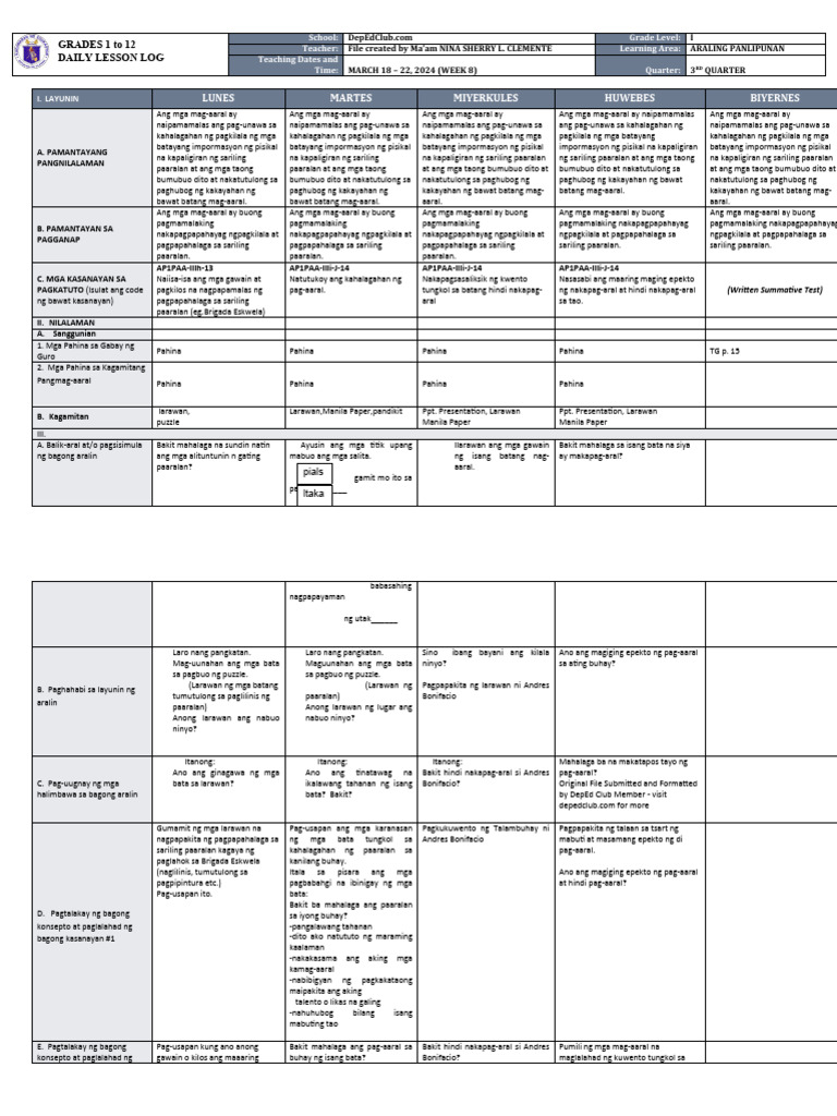 DLL - Araling Panlipunan 1 - Q3 - W8 | PDF