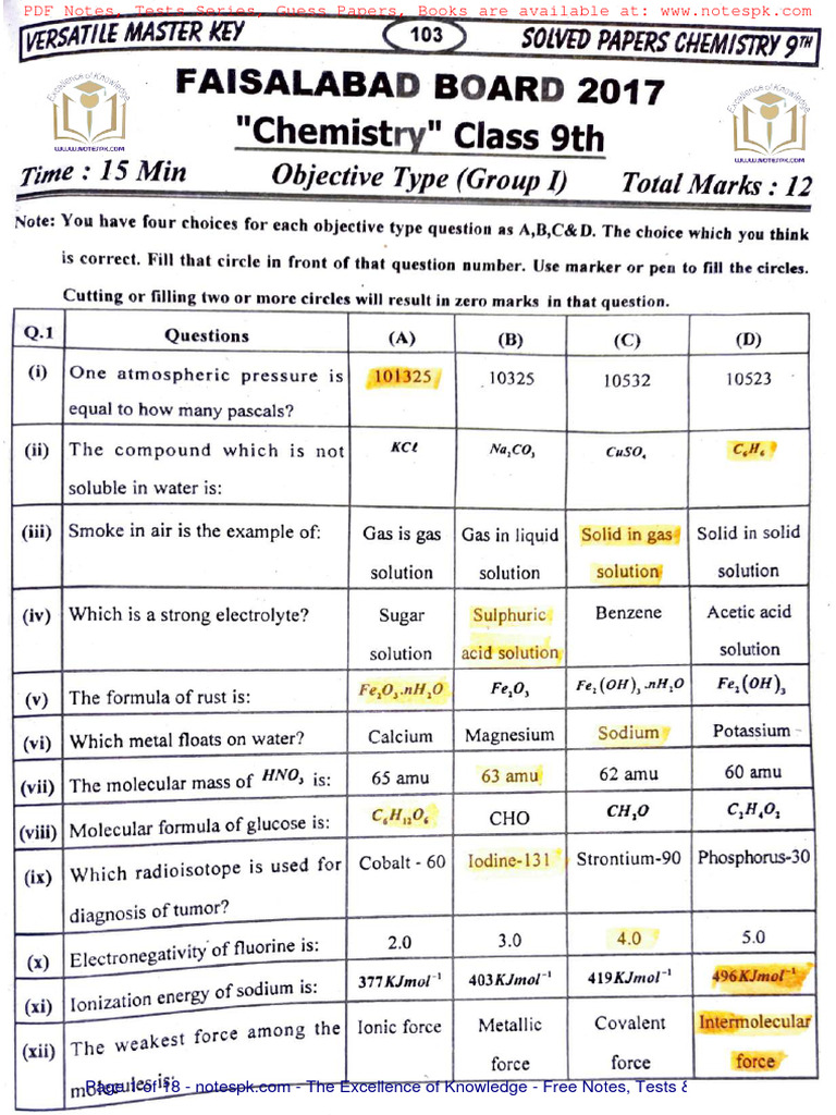 Chemistry 9th Grade Objective Papers | PDF | Chemical Bond | Covalent Bond