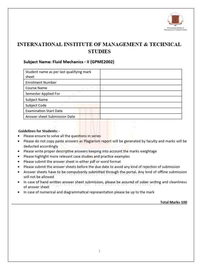 International Institute of Management & Technical Studies: Subject Name: Fluid Mechanics - II ...