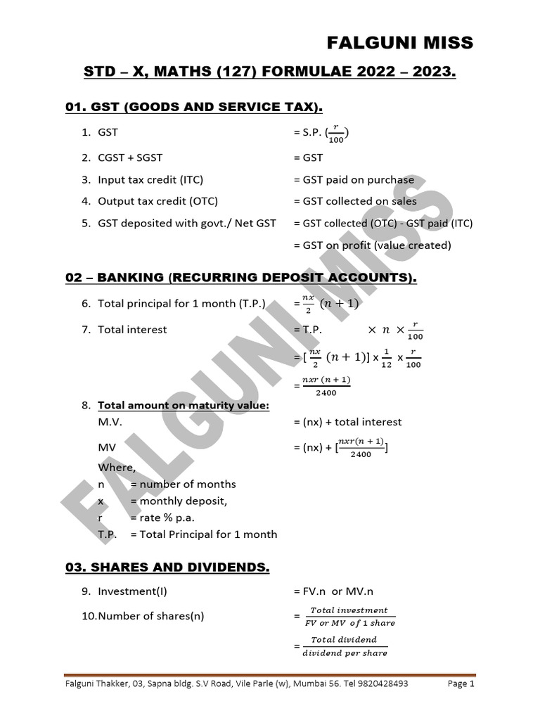 0 Math Formulae Std 10 22 23 Pdf Circle Sphere