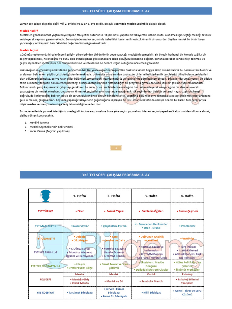 Yks Tyt Sozel Calisma Programi 3 2 Ay | PDF
