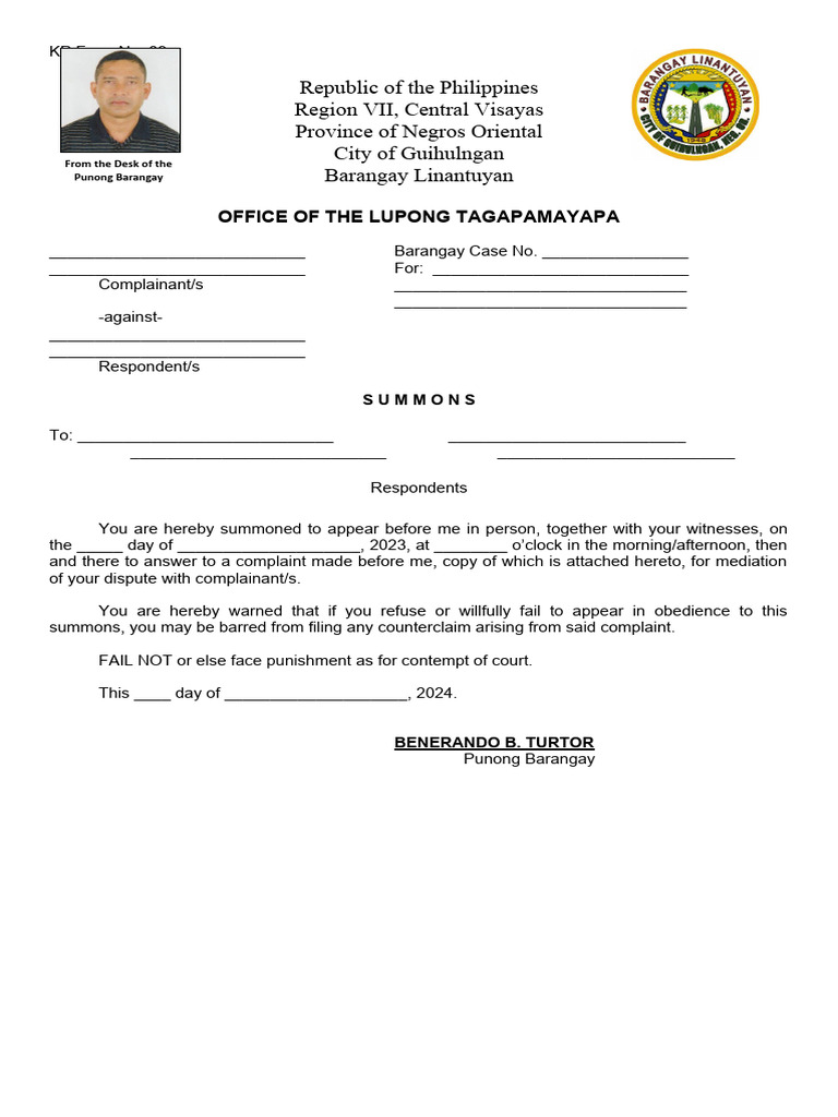 KP Form No. 09 A Summons 2023 | PDF | Summons | Justice