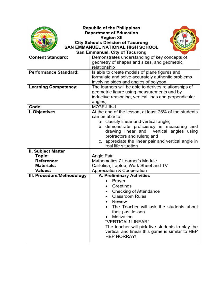 Grade 7-Linear Pair and Vertical Angle | PDF | Angle | Geometry