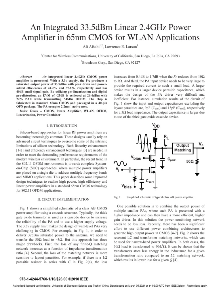 An Integrated 33.5dBm Linear 2.4GHz Power Amplifier in 65nm CMOS For WLAN Applications | PDF ...