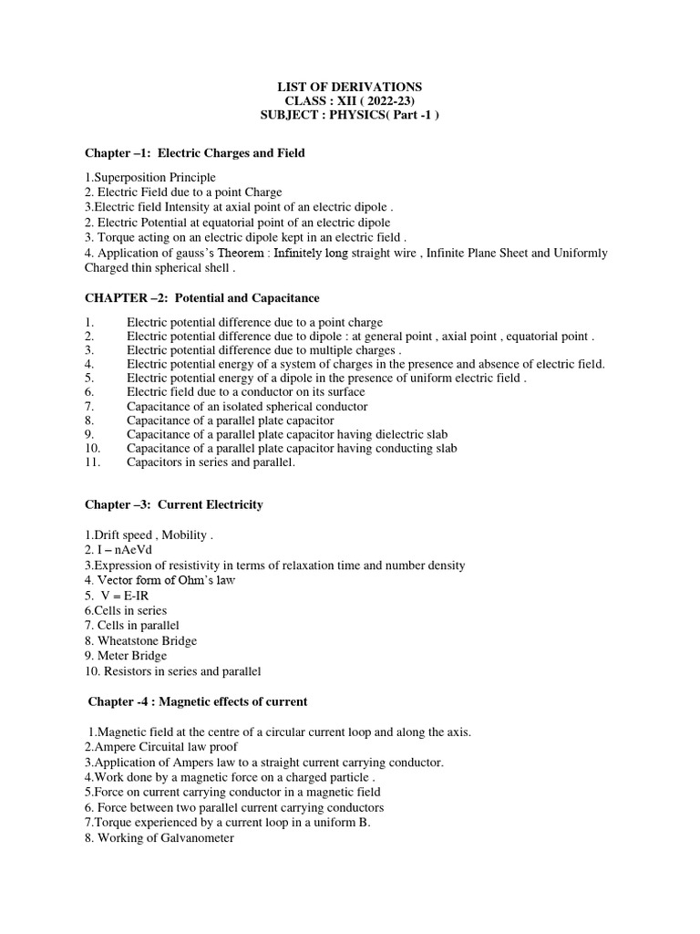 LIST OF DERIVATIONS Part 1 TB Physics | PDF | Electricity | Capacitor
