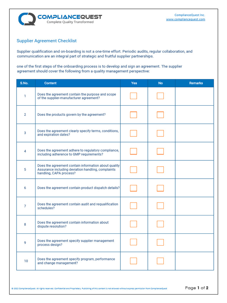 Supplier Agreement Checklist | PDF
