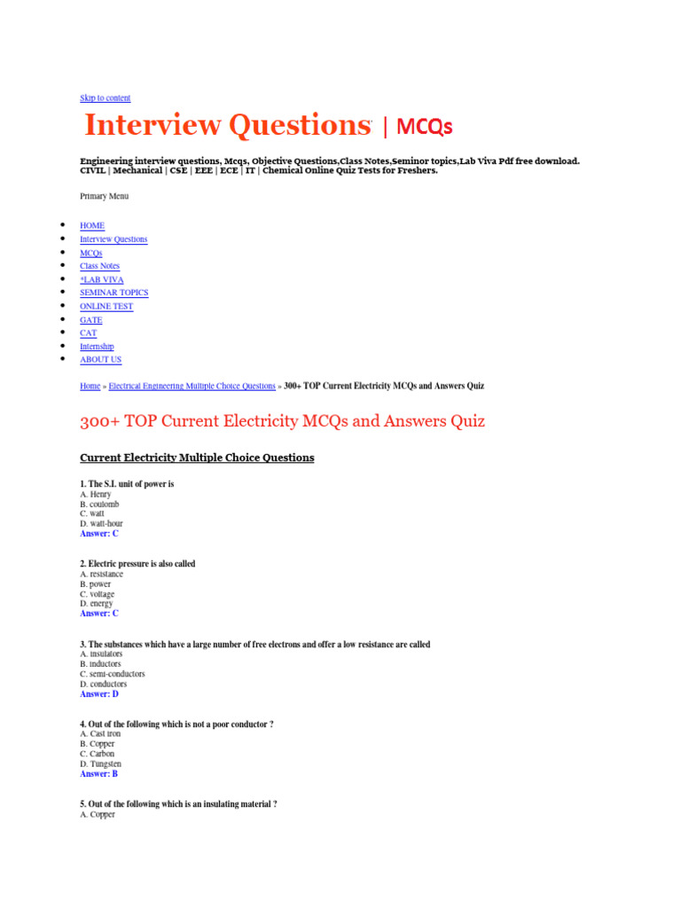 300+ TOP Current Electricity MCQs and Answers Quiz 2024 | PDF ...