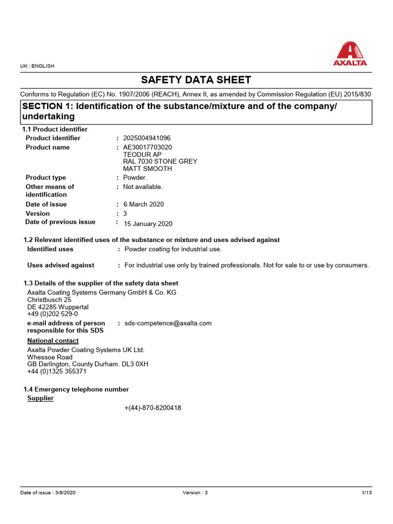 RAL 7030 Matt Safety Sheet | PDF | Waste | Personal Protective Equipment