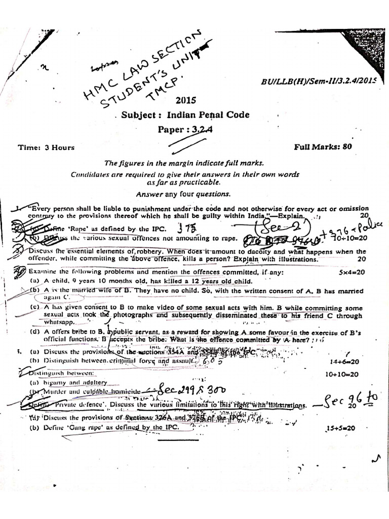 Indian Penal Code Pyq 3 Years LLB BU | PDF