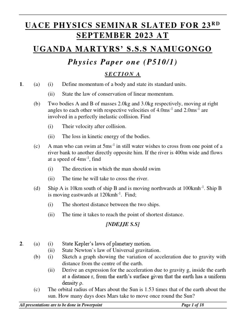 Namugongo A' Level physics Seminar 2023 (1) | PDF | Acceleration | Orbit