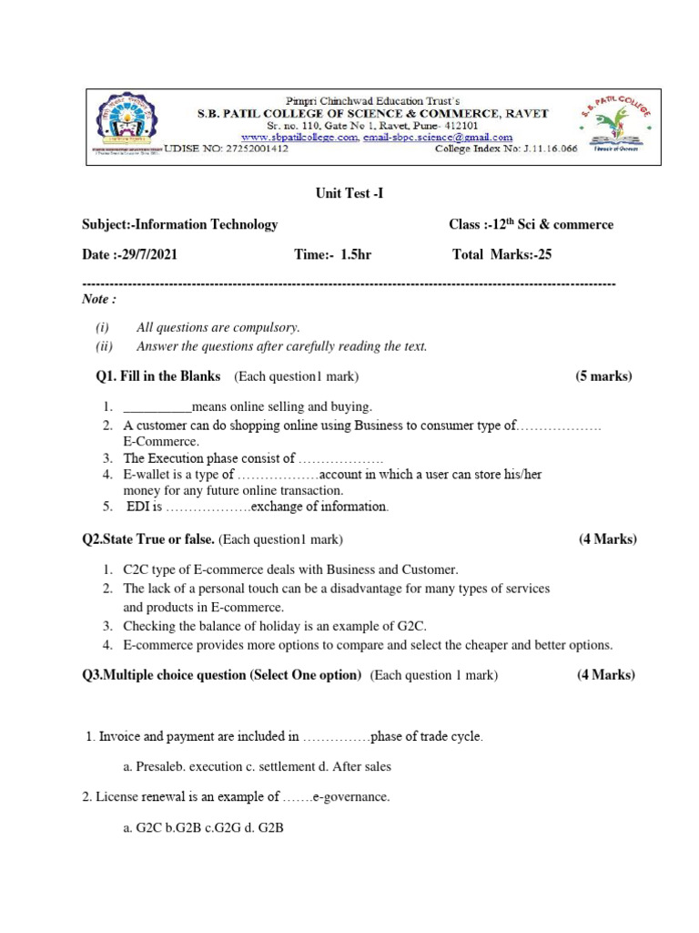 12th Unit Test 1 - Commerce | PDF | E Commerce | Computing