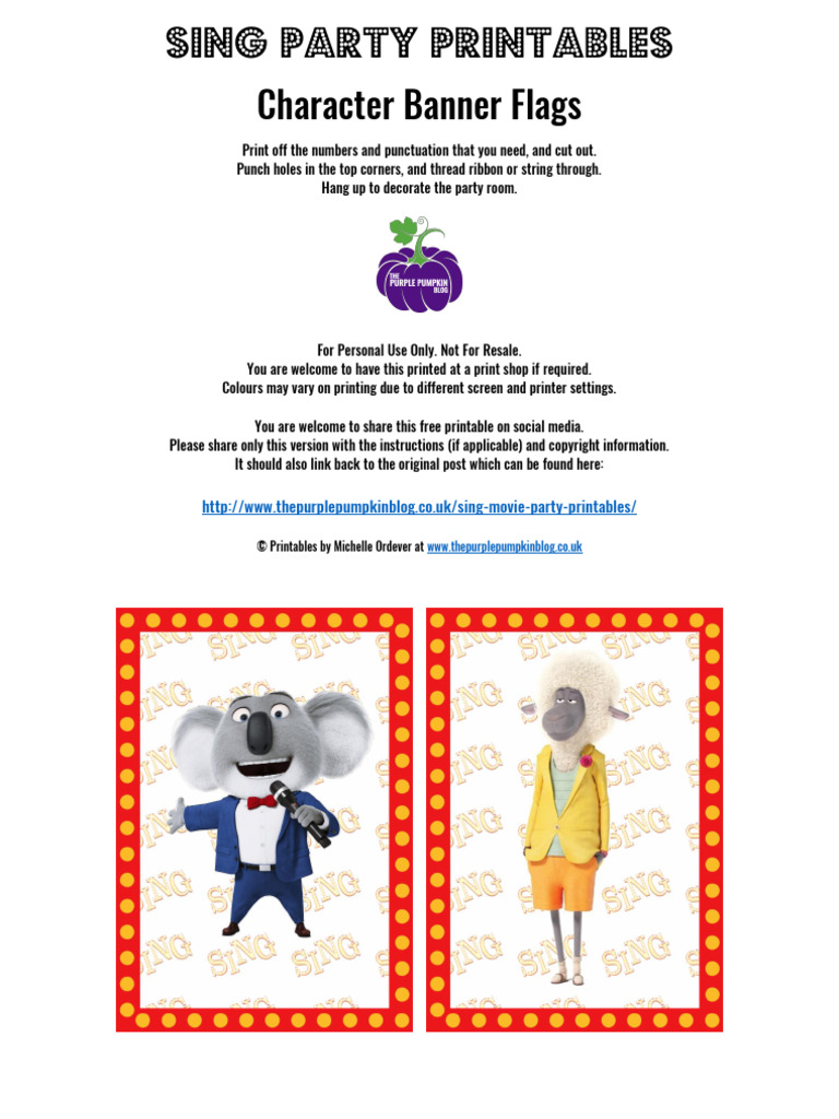 Free Printable Sing Movie Party Character Banner Flags | PDF