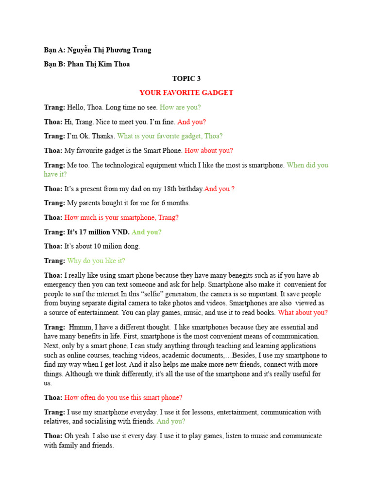 Speaking TOPIC 3 YOUR FAVORITE GADGET | PDF