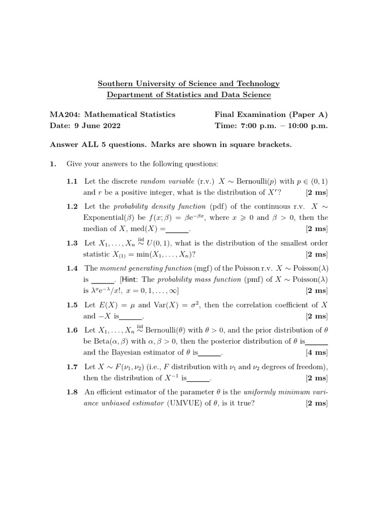 MA204_FinalTest_2022 | PDF | Estimator | Probability Distribution