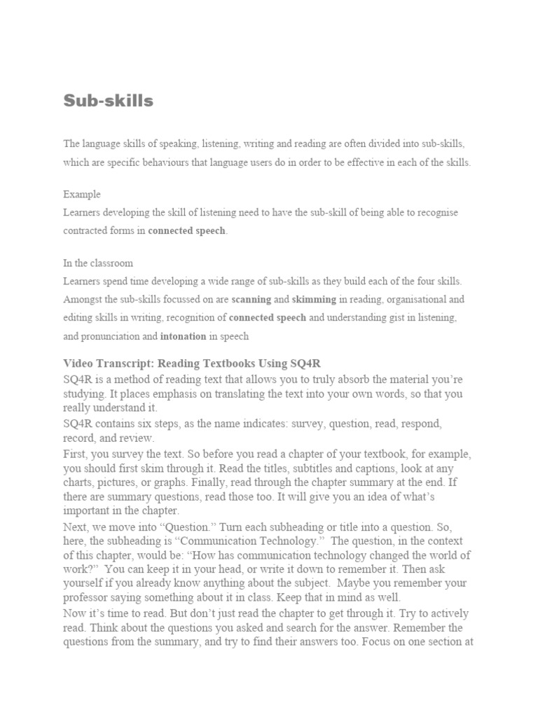 Sub-Skills: Video Transcript: Reading Textbooks Using SQ4R | PDF ...