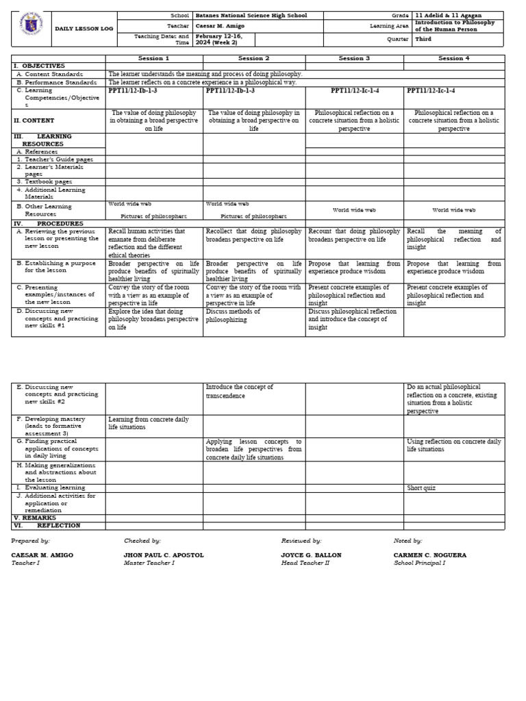 MODIFIED-DLL-SH-Intro To Philo Q3 Week 2 | PDF | Learning | Concept