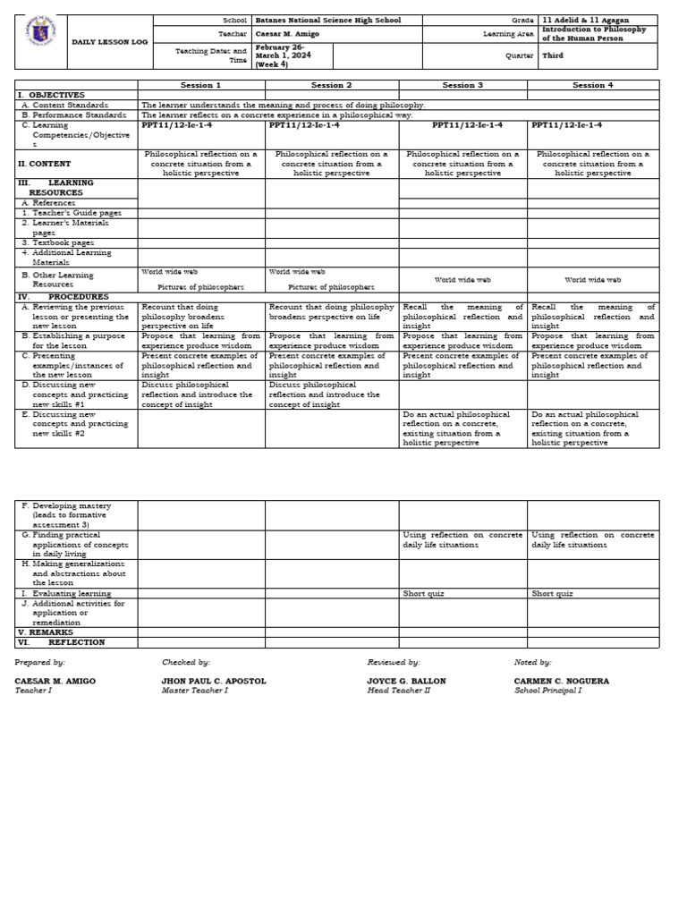 MODIFIED-DLL-SH-Intro To Philo Q3 Week 4 | PDF | Learning | Teaching