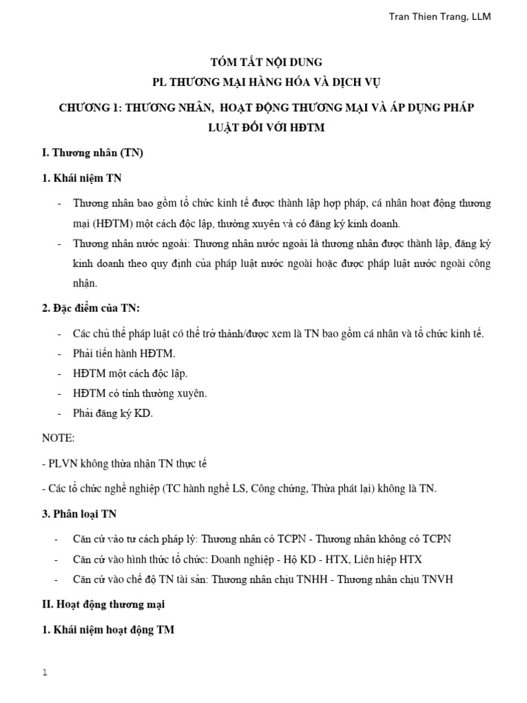 (LTM) Tom Tat C1. TN, HĐTM Và ADPL - Tranthientrang - LLM | PDF
