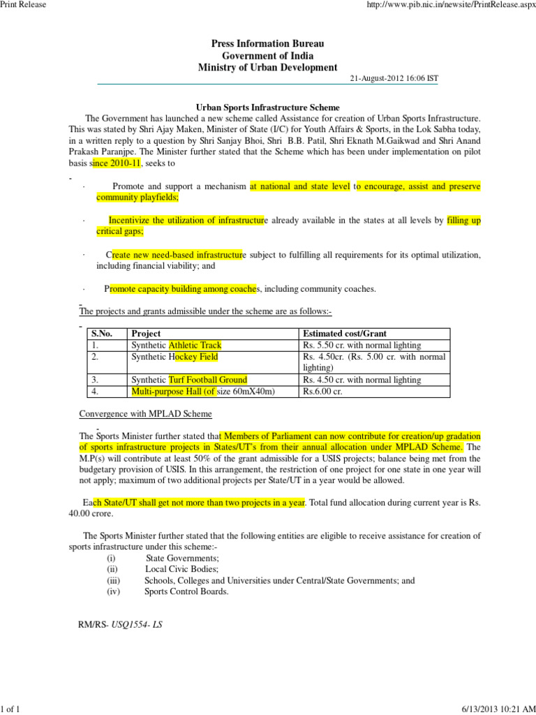 Urban Sports Infrastructure Scheme | PDF | Business | Social Science