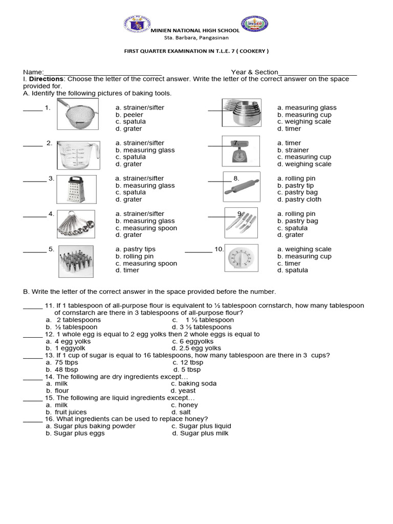 Tle 7 1st Quarter Exam..2024 (NEW) | PDF | Oven | Blender