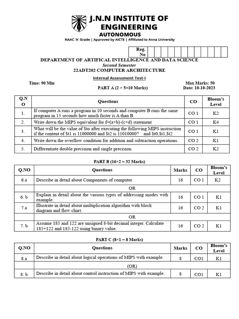 1st Year 22adt202 Computer Architecture Set 2 Download Free Pdf Arithmetic Computer