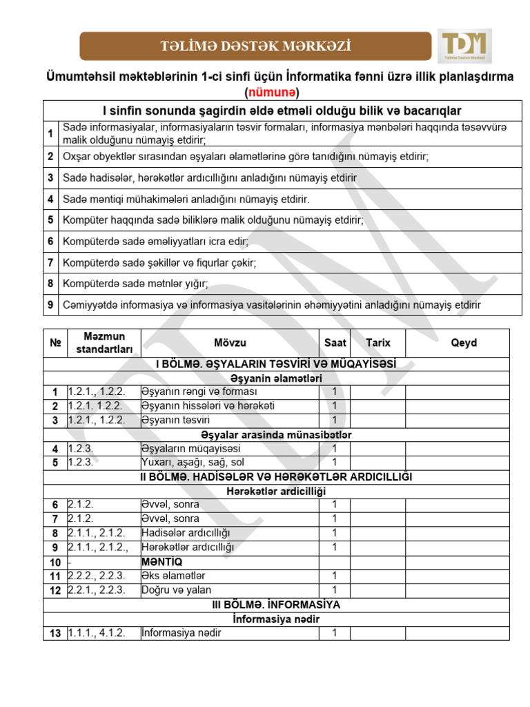1-Ci Sinif İnformatika-Illik Plan | PDF