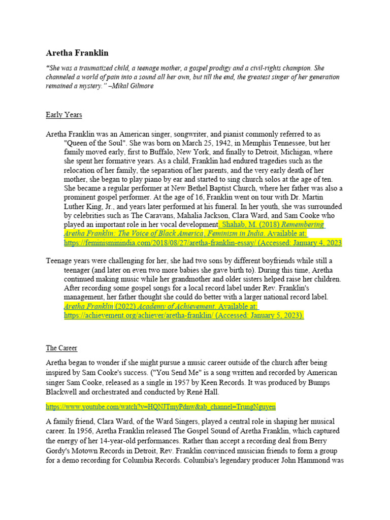 Music History Essay - Aretha Franklin | PDF | Popular Music | American ...