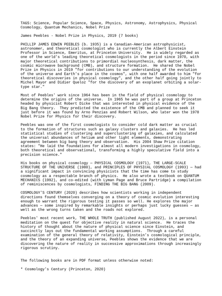 James Peebles: Nobel Prize & Cosmology | PDF | Physical Cosmology ...